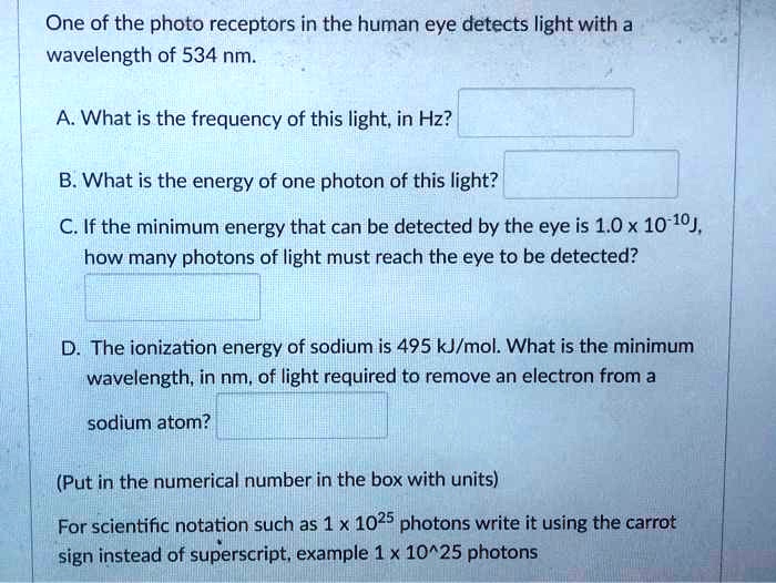 SOLVED: One of the photo receptors in the human eye detects light with a wavelength of 534 nm A ...