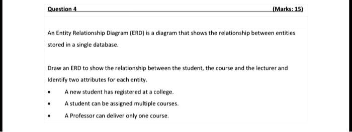 Question 4 (Marks: 15) An Entity Relationship Diagram (ERD) is a ...