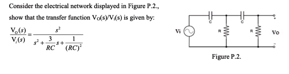 SOLVED: Consider the electrical network displayed in Figure P2. Show that the transfer function ...