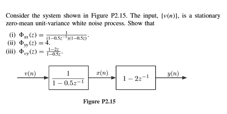 SOLVED: Consider the system shown in Figure P2.15. The input, v(n), is a stationary zero-mean ...