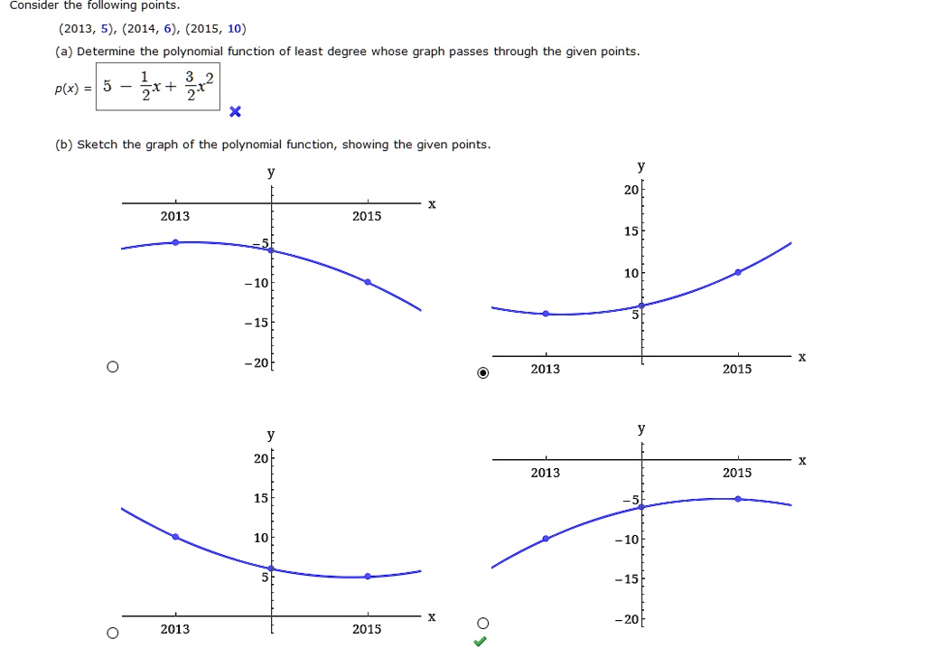 SOLVED: Consider the following points (2013, 5), (2014 6) , (2015 10) (a) Determine the ...