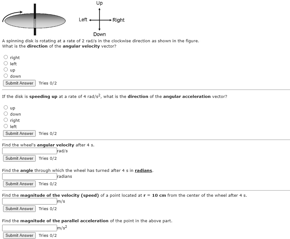 SOLVED:dn Left Right umoa spinning disk is rotating at rate of 2 rad/s in the clockwise ...