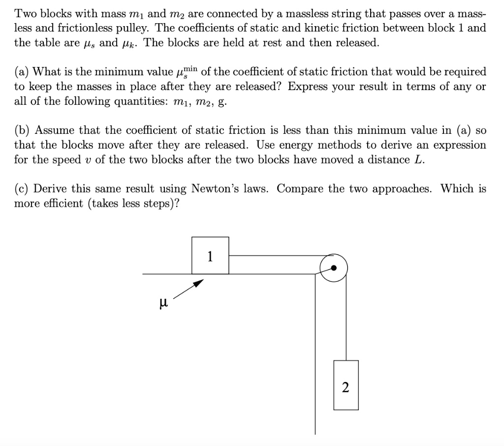 two blocks with mass m1 and m2 are connected by a massless string that passes over a mass less ...