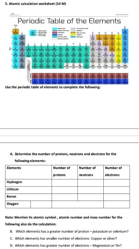 5. Atomic calculation worksheet (10 M) Periodic Table of the Elements ...