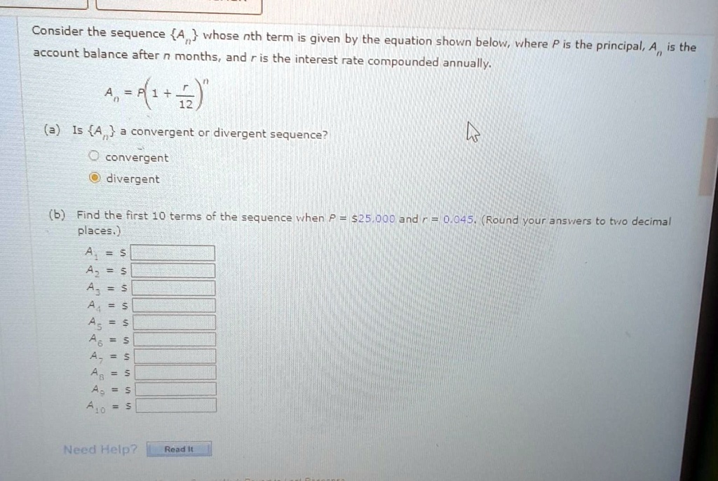 Consider the sequence {An} whose nth term is given by the equation shown below, where P is the ...