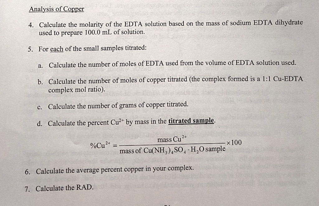 SOLVED: Analysis of Copper: Calculate the molarity of the EDTA solution based on the mass of ...