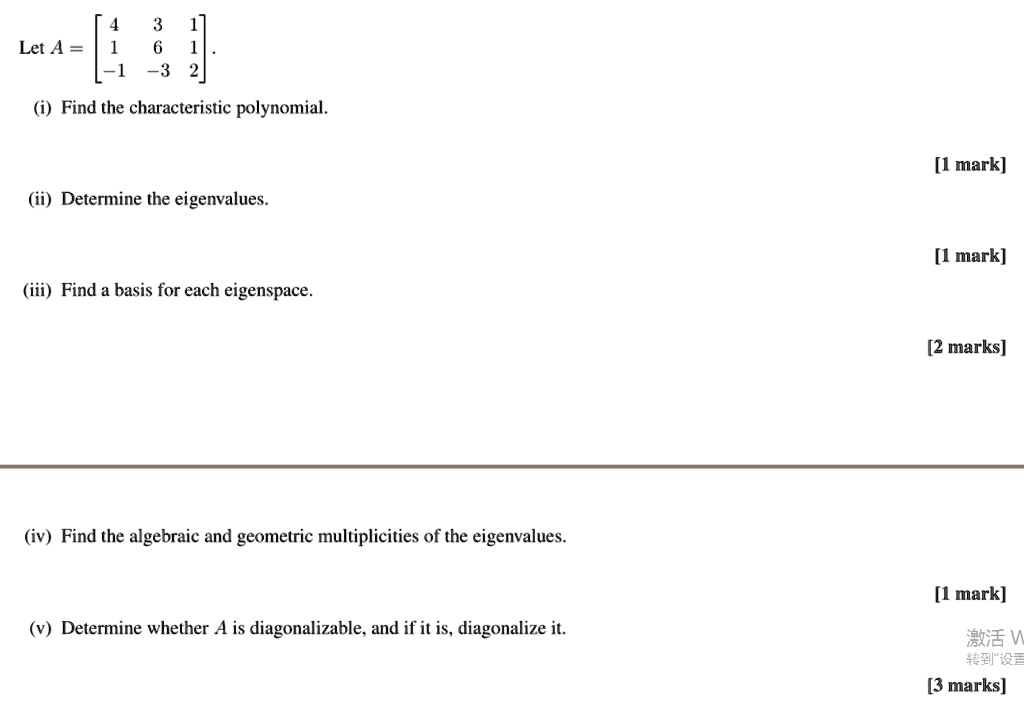 SOLVED: Let A = 3 Find the characteristic polynomial. mark] Determine ...