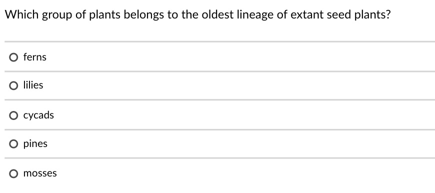 SOLVED: Which group of plants belongs to the oldest lineage of extant ...