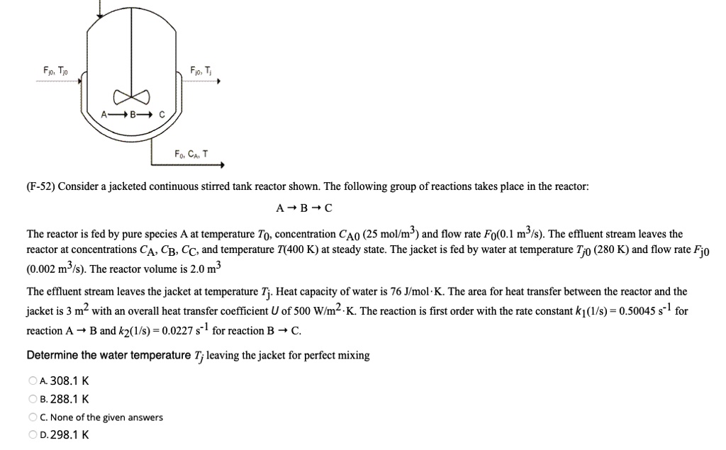 SOLVED: F-52) Consider a jacketed continuous stirred tank reactor shown. The following group of ...