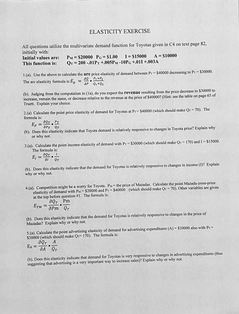 ELASTICITY EXERCISE All questions utilize the multivariate demand function for Toyotas given in ...