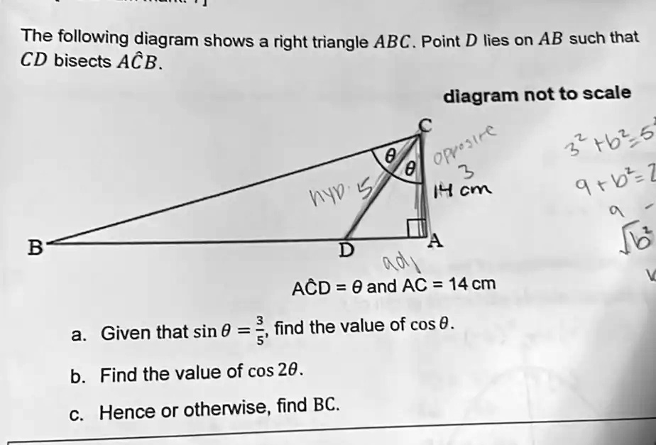 Solved The Following Diagram Shows A Right Triangle Abc Point D Lies On Ab Such That Cd