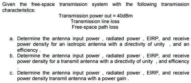 SOLVED: Given the free-space transmission system with the following transmission characteristics ...