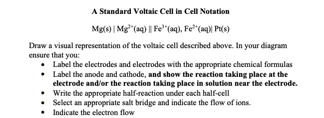 A Standard Voltaic Cell in Cell Notation Mg(s) | Mg^2+(aq) || Fe^3+(aq), Fe^2+(aq) | Pt(s) Draw ...
