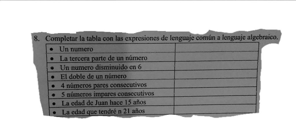 SOLVED: Completar con la tabla de expresiones de lenguaje común a lenguaje algebraico. (Doy 20 ...