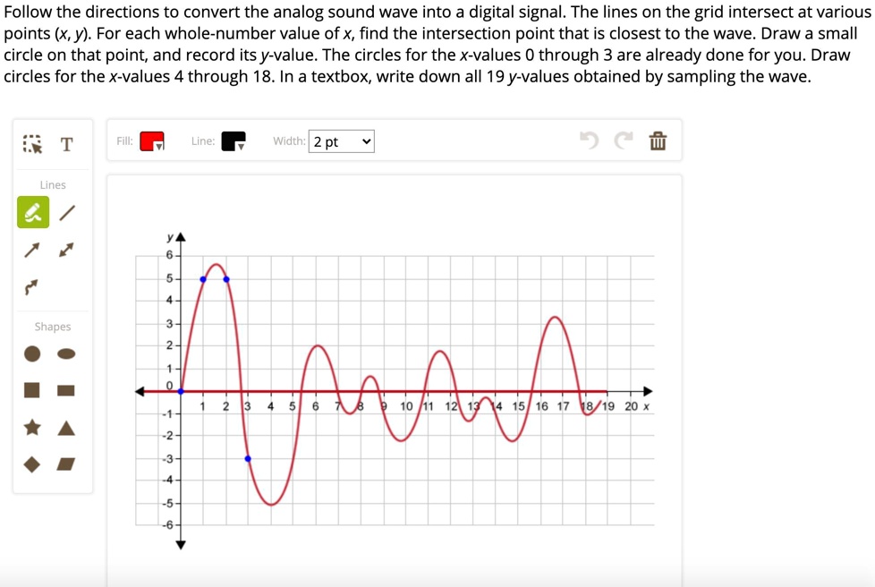 'Follow the directions to convert the analog sound wave into a digital signal. The lines on the ...