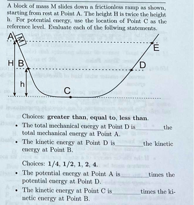 A block of mass M slides down a frictionless ramp as shown, starting from rest at Point A. The ...
