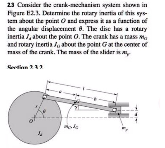 2.3 Consider the crank-mechanism system shown in Figure E2.3. Determine the rotary inertia of ...