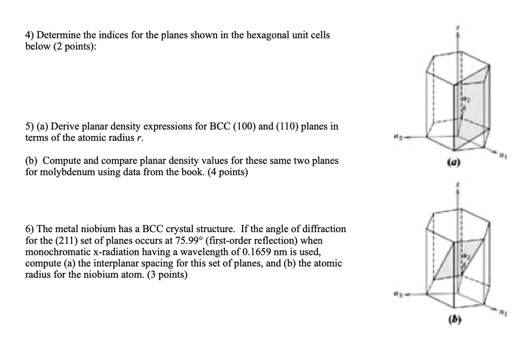4) Determine the indices for the planes shown in the hexagonal unit cells below (2 points): 5 ...