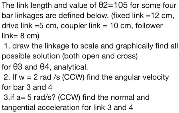 SOLVED: The link length and value of Î¸2 = 105 for some four bar linkages are defined below ...