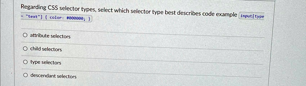 SOLVED: Regarding CSS selector types, select which selector type best ... SOLVED: Regarding CSS selector types, select which selector type best ...