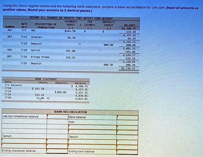 SOLVED: Using the check register below and the following bank statement ...