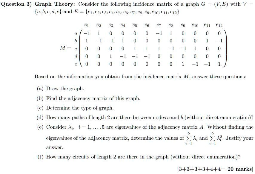 SOLVED: Question 3 Graph Theory: Consider the following incidence ... SOLVED: Question 3 Graph Theory: Consider the following incidence ...