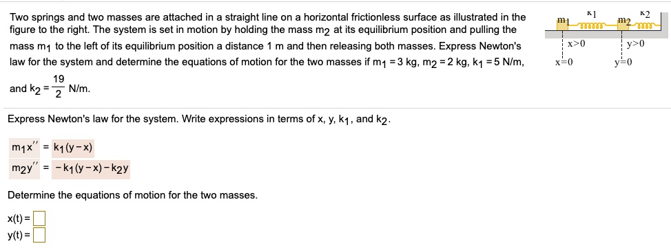 Two springs and two masses are attached in a straight line on a ...