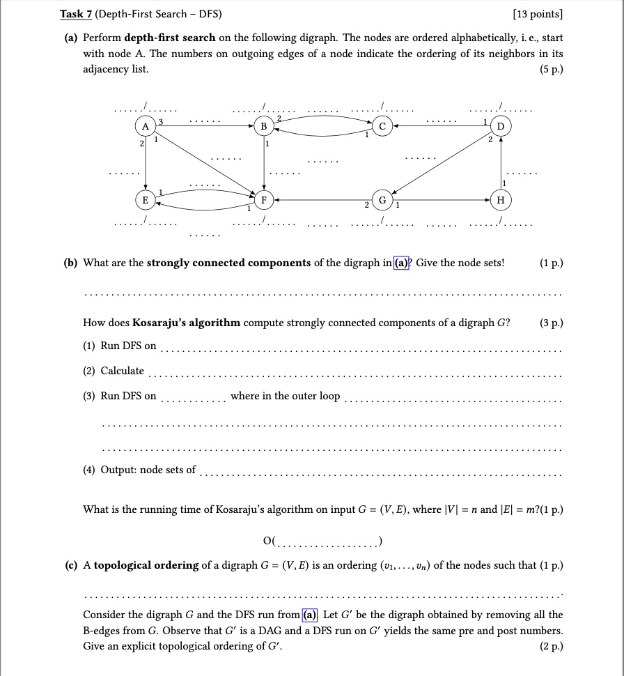 Task 7depth First Search Dfs 13 Points A Perform Depth First Search On The Following Digraph The 6048