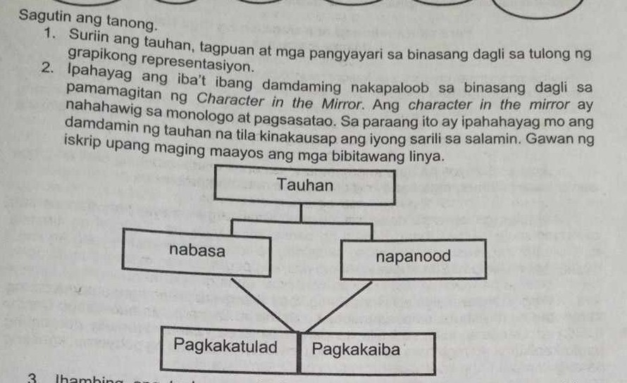 SOLVED: Sagutin ang tanong. 1. Suriin ang tauhan, tagpuan at mga ... SOLVED: Sagutin ang tanong. 1. Suriin ang tauhan, tagpuan at mga ...
