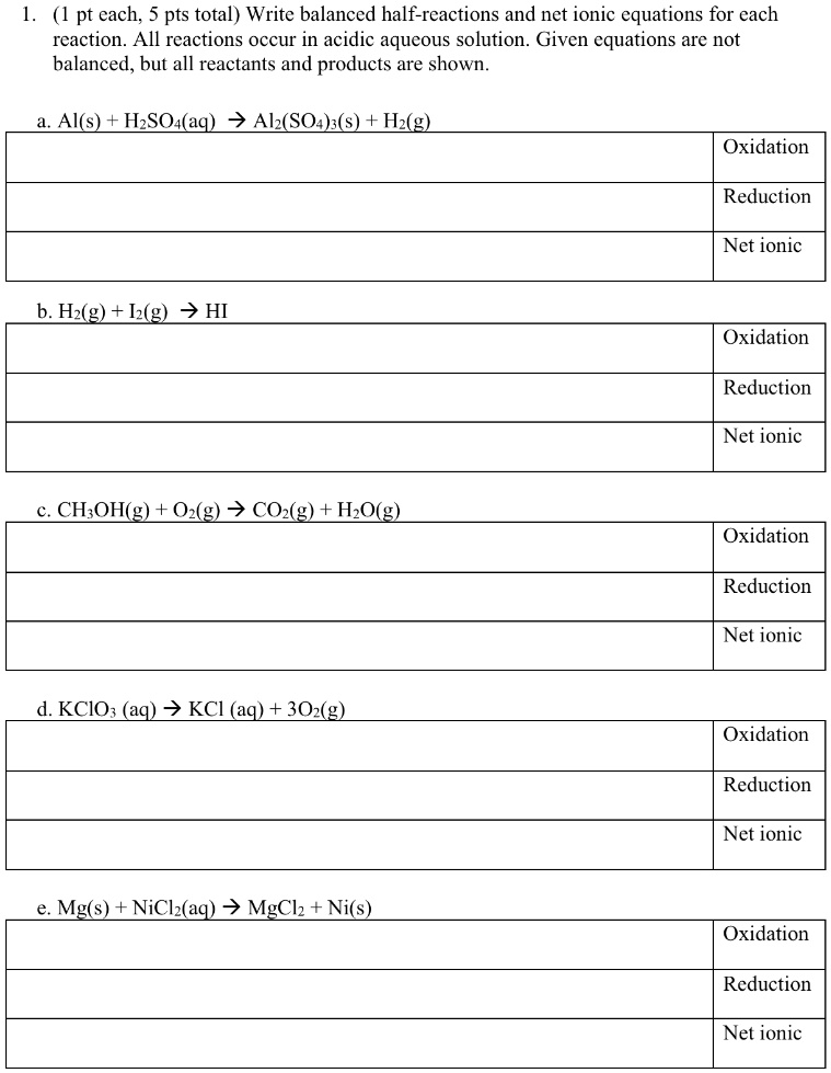 SOLVED: 1.(1 pt each, 5 pts total) Write balanced half-reactions and net ionic equations for ...