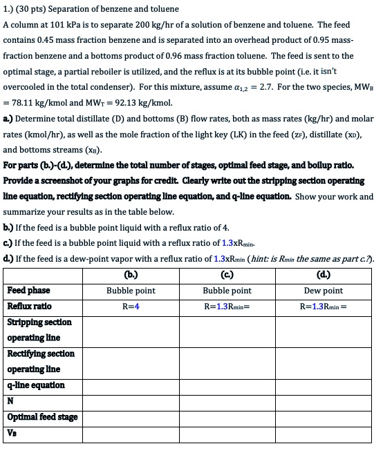 SOLVED: 1.(30 pts) Separation of benzene and toluene A column at 101 ...