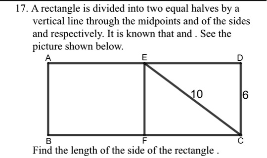 SOLVED: 17. A rectangle is divided into two equal halves by a vertical ...