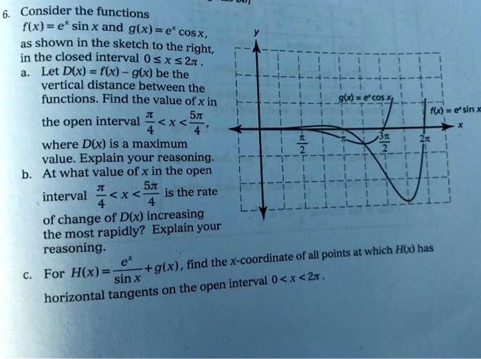 SOLVED: Consider the functions f(x) = e" sin x and glx)=e* cosx as shown in the sketch to the ...