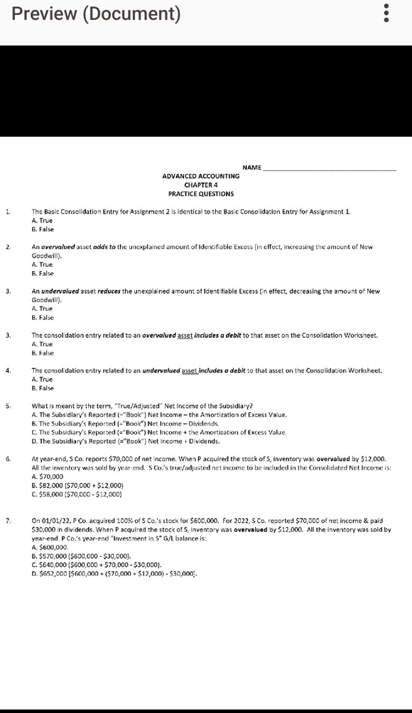 name advanced accounting chapter 4 practice questions 1 the basic ...
