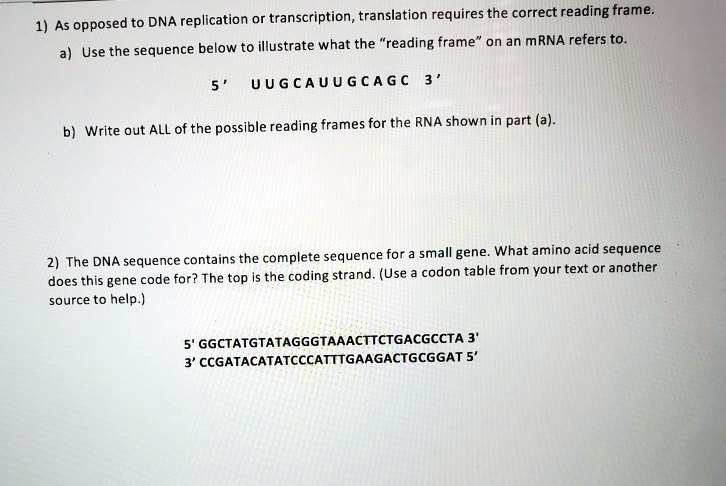 SOLVED: Replication or transcription, translation requires the correct reading frame opposed to ...