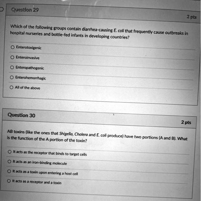 Question 29 2 pts Which of the following groups contain diarrhea ...