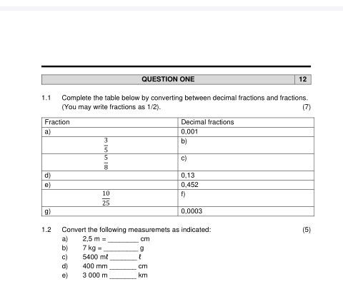 question one 12 11 complete the table below by converting between decimal fractions and ...