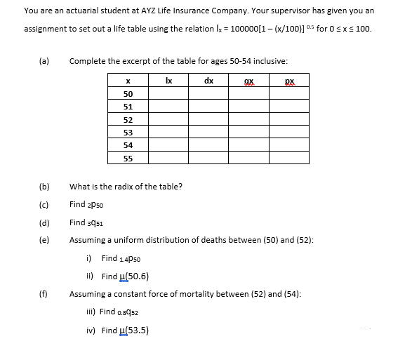 SOLVED: You are an actuarial student at AYZ Life Insurance Company ...