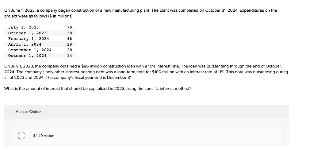 On June 1, 2023, a company began construction of a new manufacturing ...