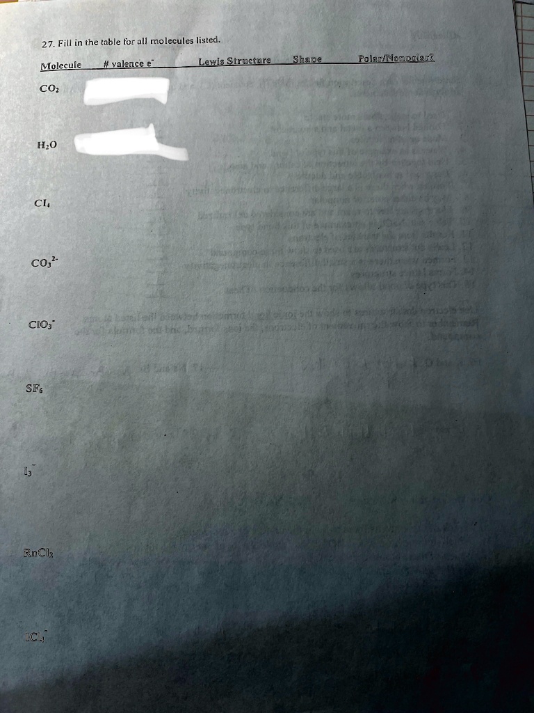 27 Fill In The Table For All Molecules Listed Molecule Valence E 2999
