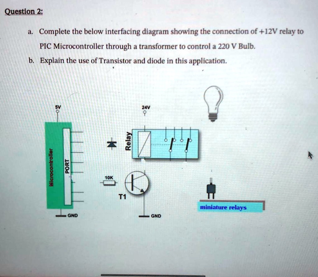 Question 2: a. Complete the below interfacing diagram showing the connection of +12V relay to ...
