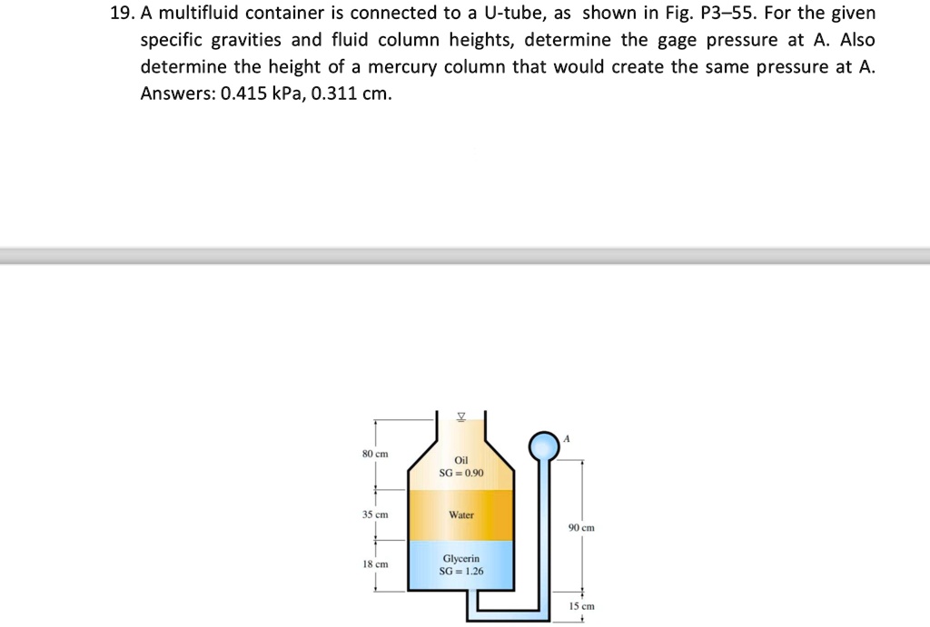 a multifluid container is connected to a u tube as shown in fig p3 55 for the given specific ...