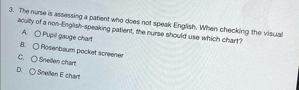 SOLVED: The nurse is assessing a patient who does not speak English ...