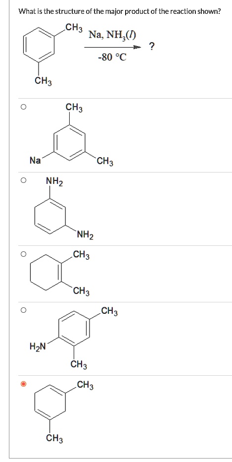 SOLVED: What is the structure of the major product of the reaction shown? CH3Na, NH2 -80 Â°C CH3 ...