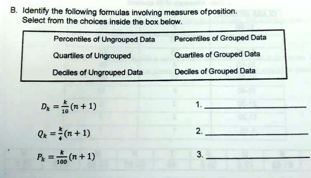 B. Identify the following formulas involving measures of position ...