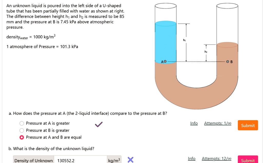 SOLVED: An unknown liquid is poured into the left side of a U-shaped ...