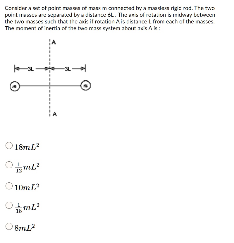 SOLVED:Consider a set of point masses of mass m connected by a massless rigid rod: The two point ...