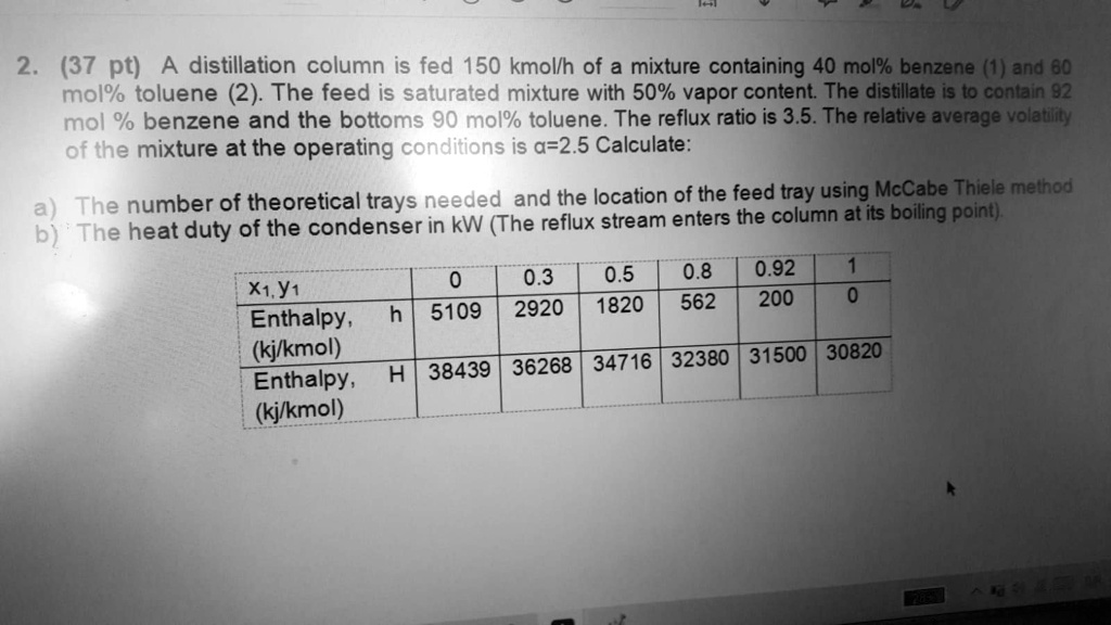 SOLVED: 37 pt A distillation column is fed 150 kmol/h of a mixture containing 40 mol% benzene ...