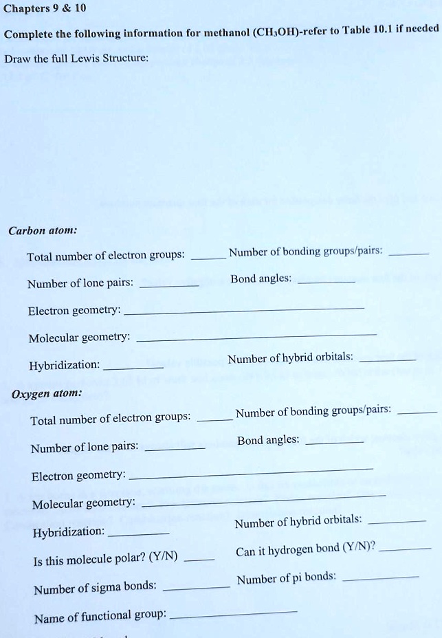 chapters 9 10 complete the following information for methanol choh ...