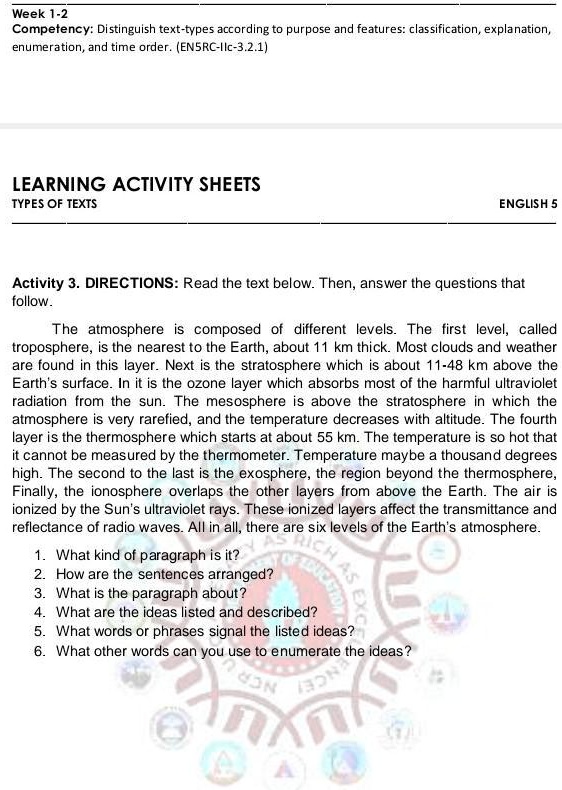 Text: 'Numbers 2-6 po ang kailangan ko. Week 1-2 Competency ...